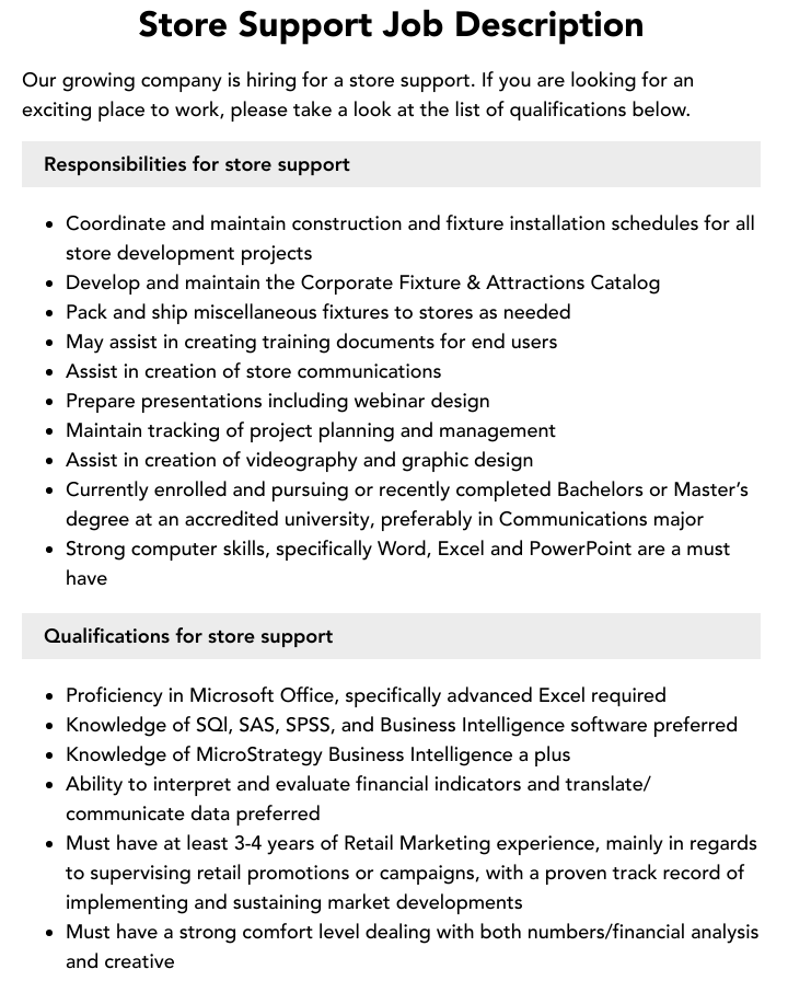 Store Support Job Description Velvet Jobs