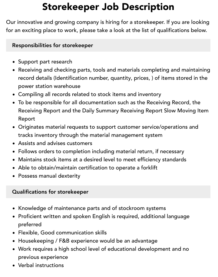 Storekeeper Roles And Responsibilities