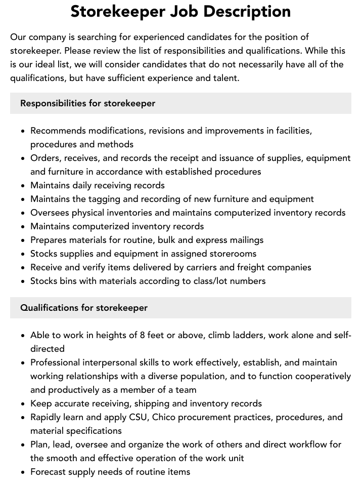 Storekeeper Job Description Velvet Jobs