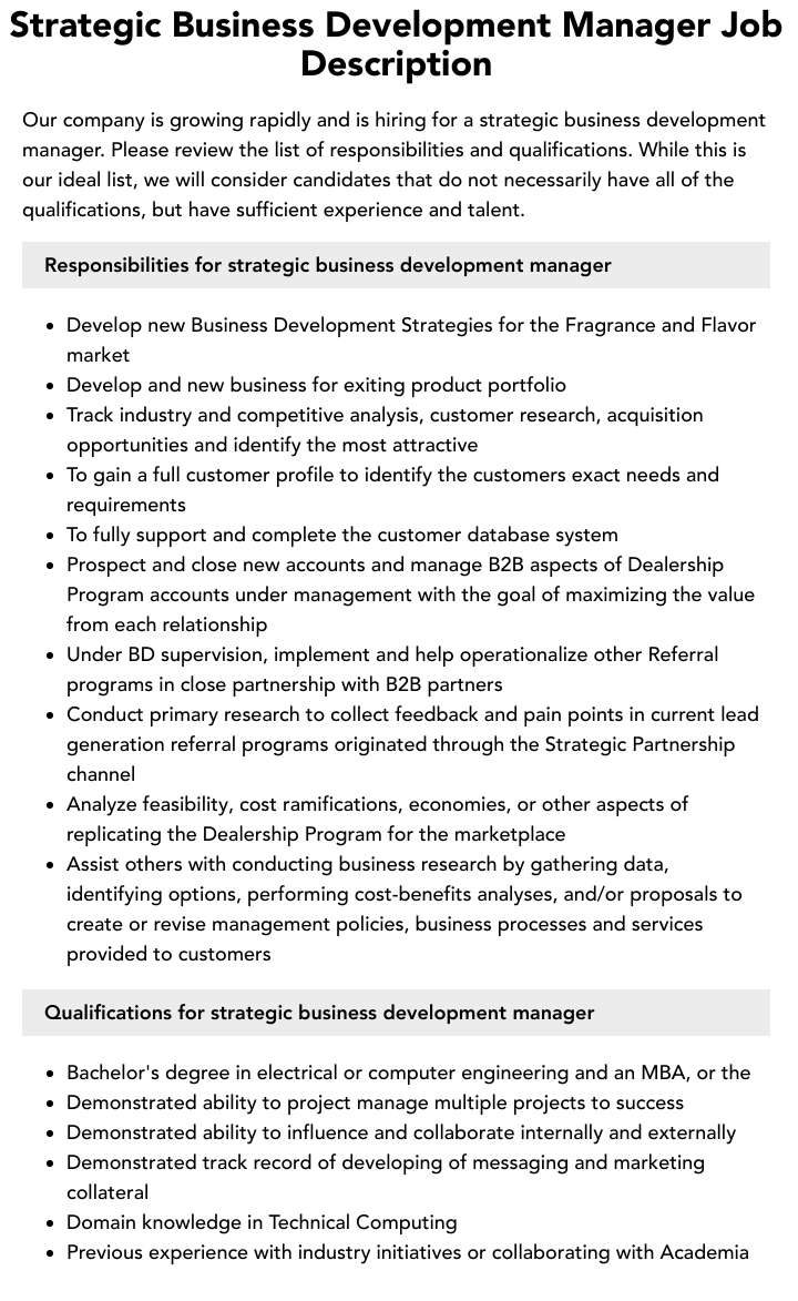 Strategic Business Development Manager Job Description Velvet Jobs