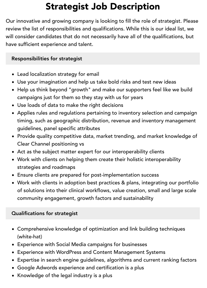 Strategist Job Description Velvet Jobs