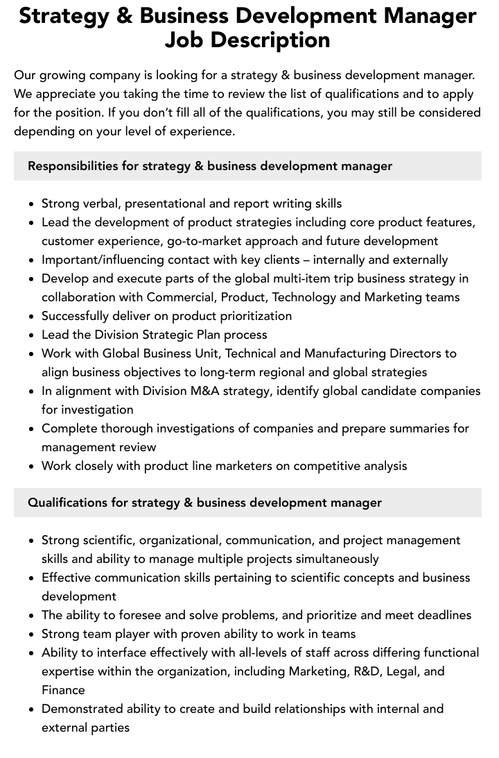 Strategy Business Development Manager Job Description Velvet Jobs