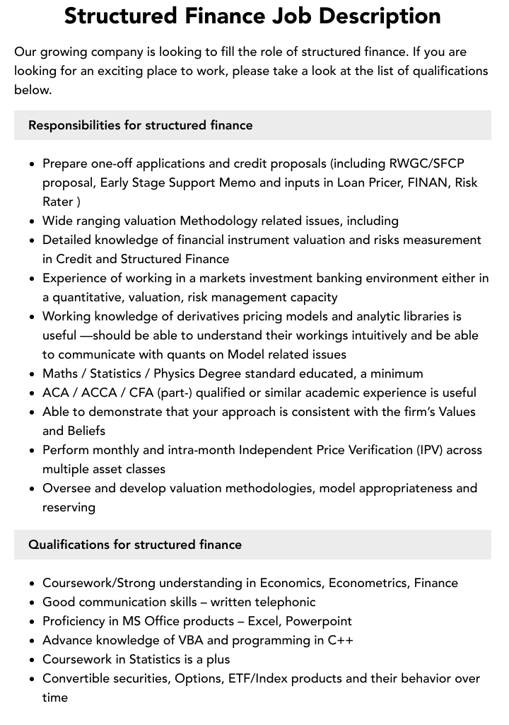 Structured Finance Job Description Velvet Jobs