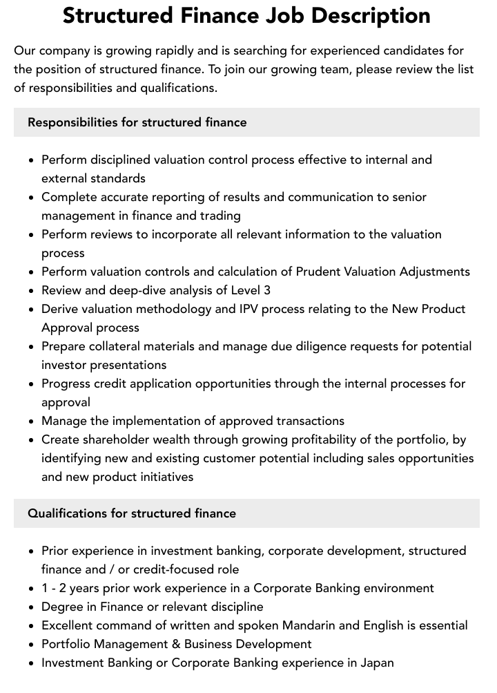 Structured Finance Job Description Velvet Jobs