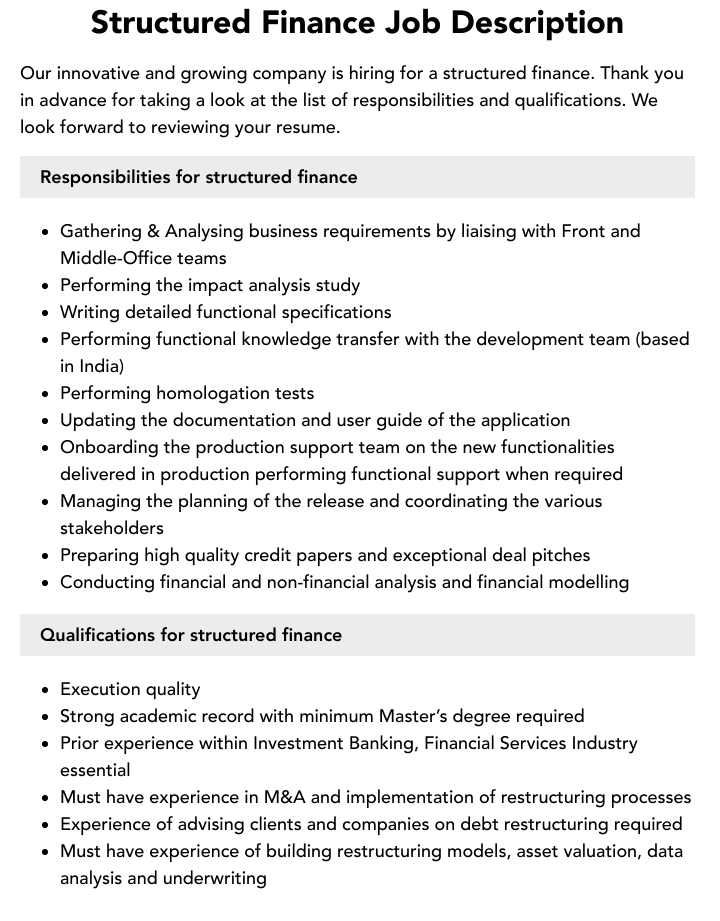 Structured Finance Job Description Velvet Jobs Structured Finance Job Description Velvet Jobs