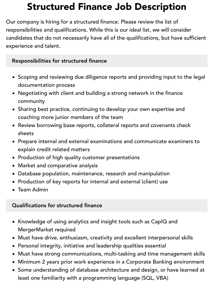 Structured Finance Job Description Velvet Jobs