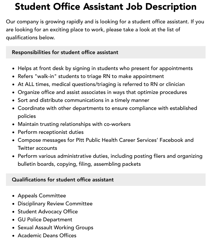 Student Office Assistant Job Description Velvet Jobs