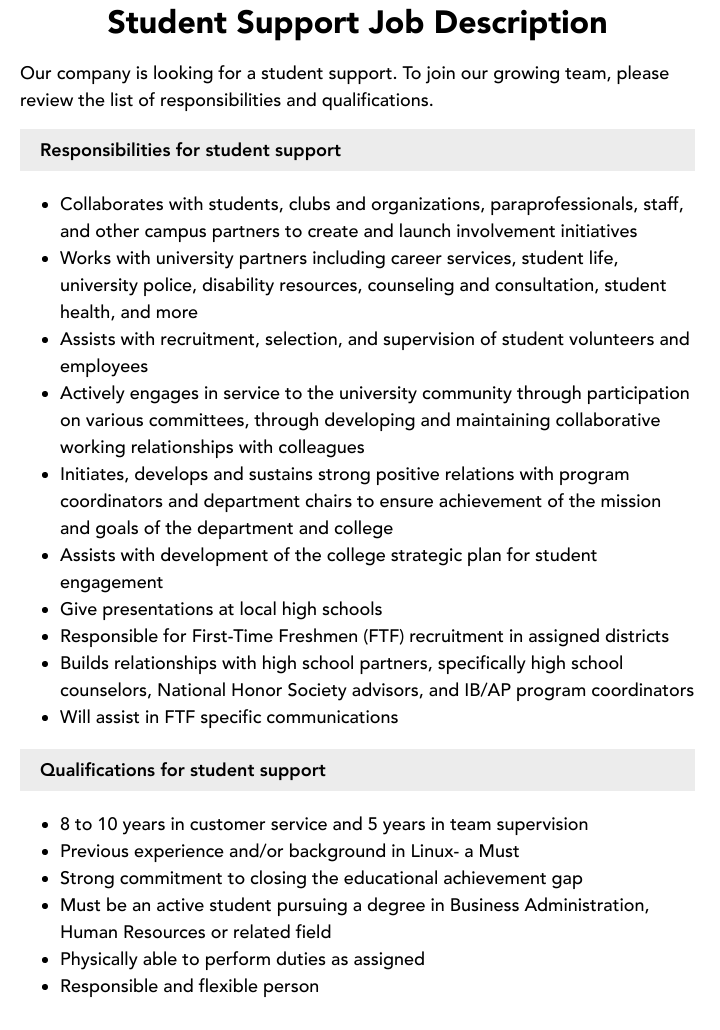 Student Support Job Description Velvet Jobs