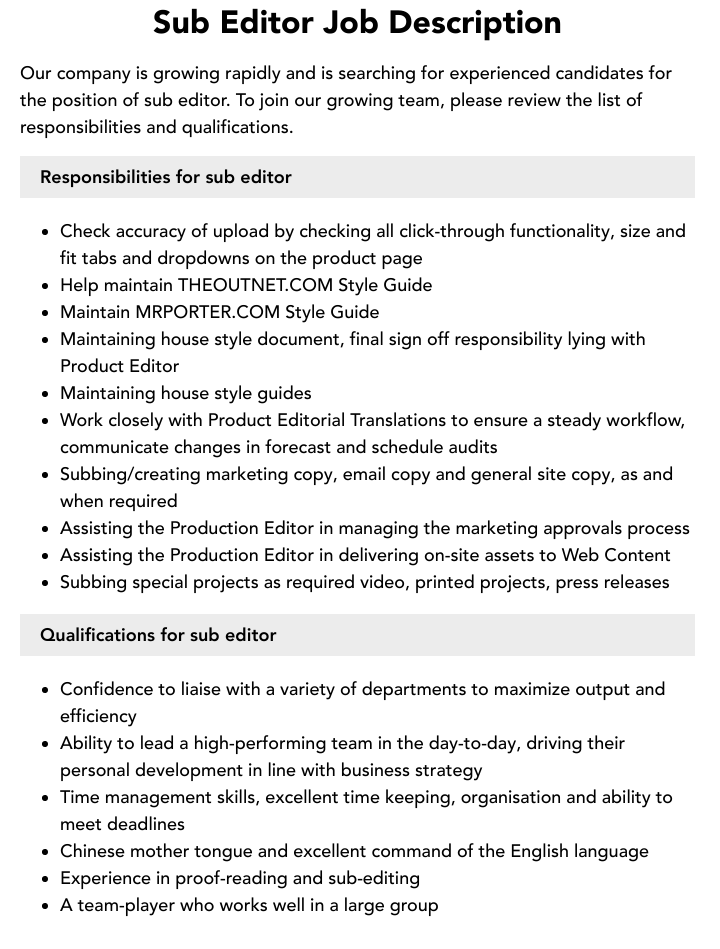 Sub Editor Job Description Velvet Jobs