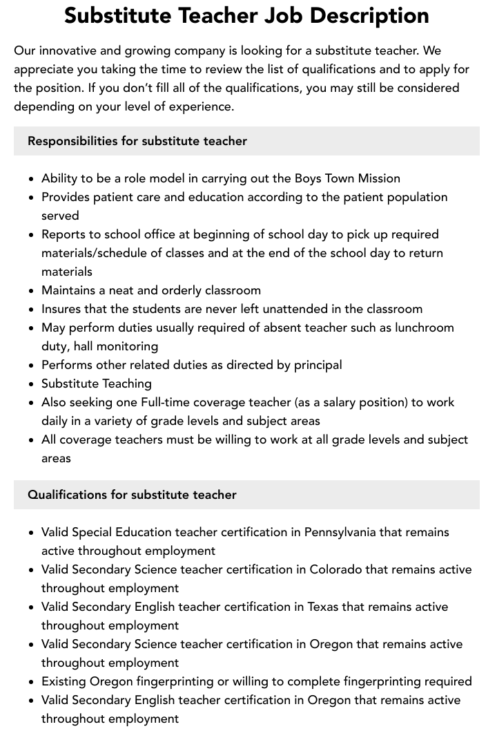 Substitute Teacher Job Description Velvet Jobs