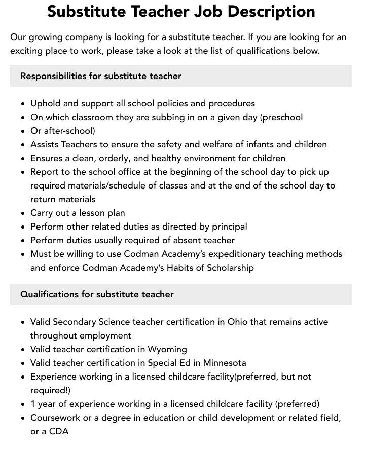 Substitute Teacher Job Description Velvet Jobs
