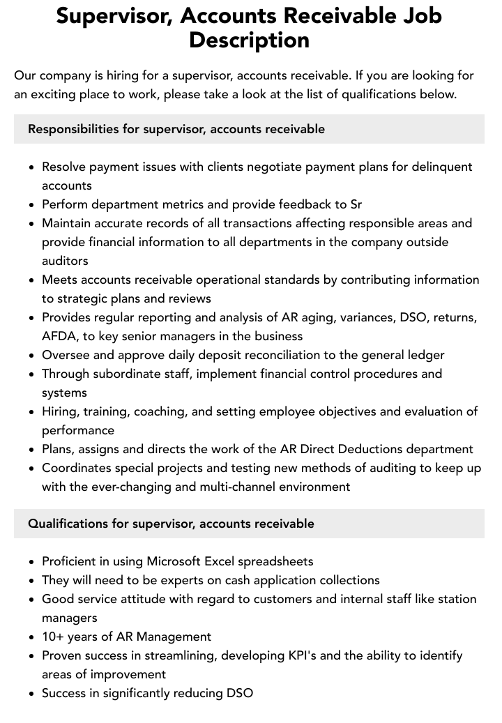 Supervisor Accounts Receivable Job Description Velvet Jobs Supervisor Accounts Receivable Job Description Velvet Jobs