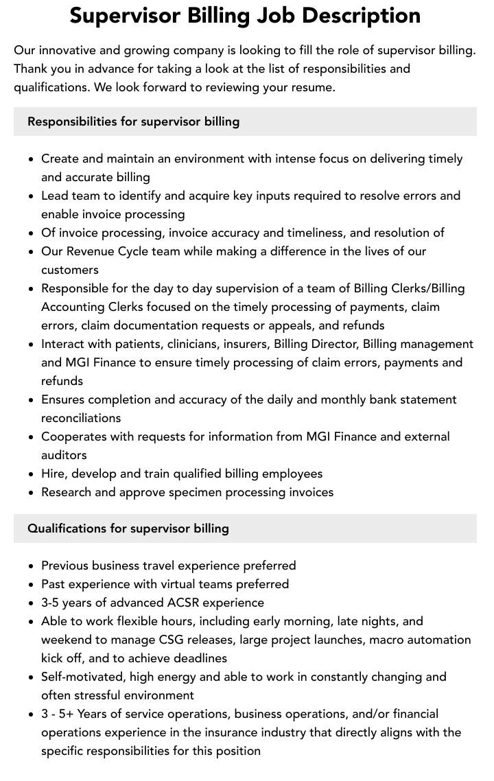 Supervisor Billing Job Description Velvet Jobs