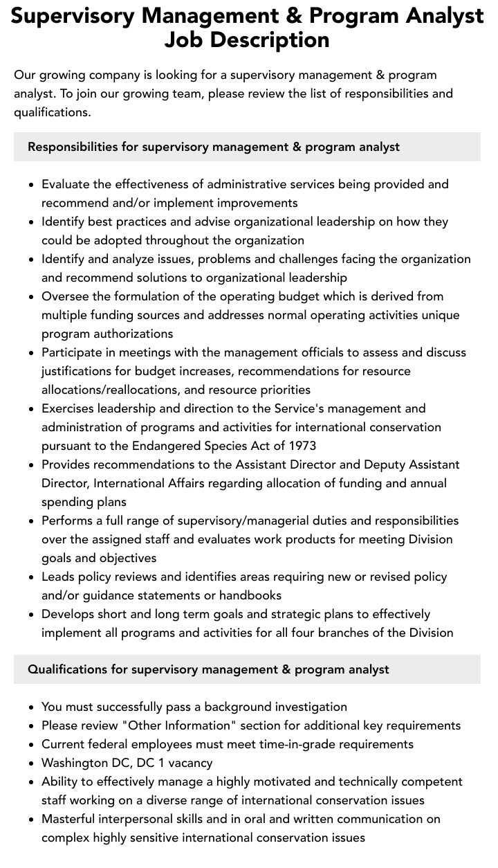 Supervisory Management Program Analyst Job Description Velvet Jobs Supervisory Management Program Analyst Job Description Velvet Jobs