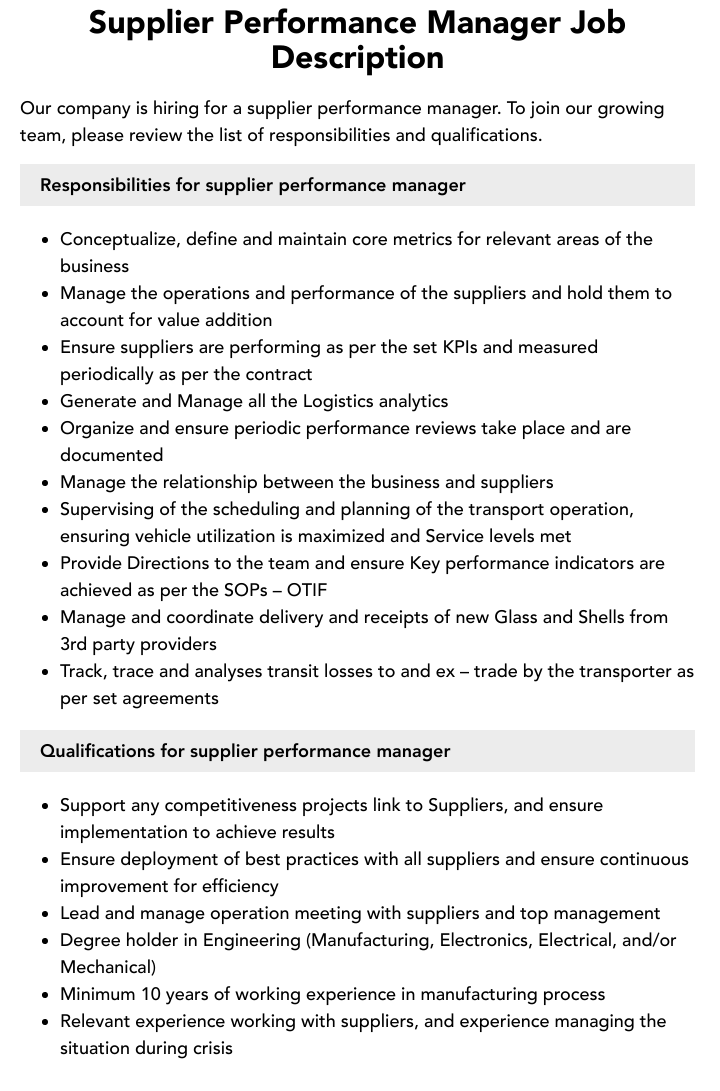 Supplier Performance Manager Job Description Velvet Jobs
