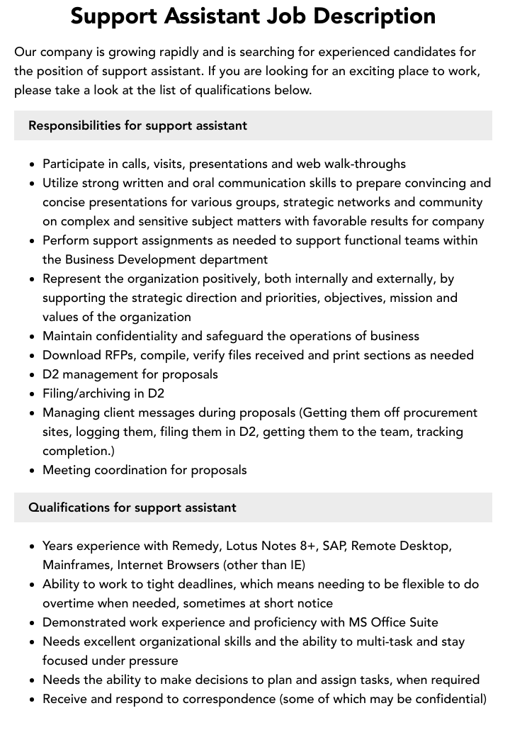 Support Assistant Job Description Velvet Jobs