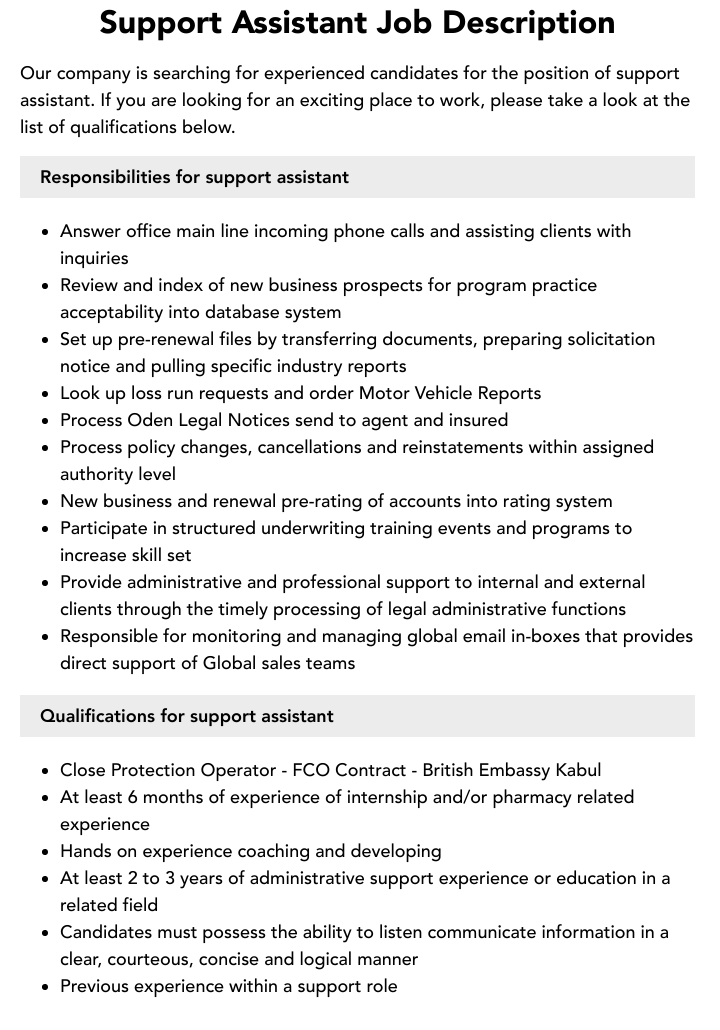 Support Assistant Job Description Velvet Jobs