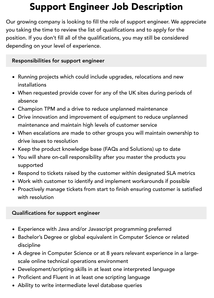Support Engineer Job Description Velvet Jobs Support Engineer Job Description Velvet Jobs