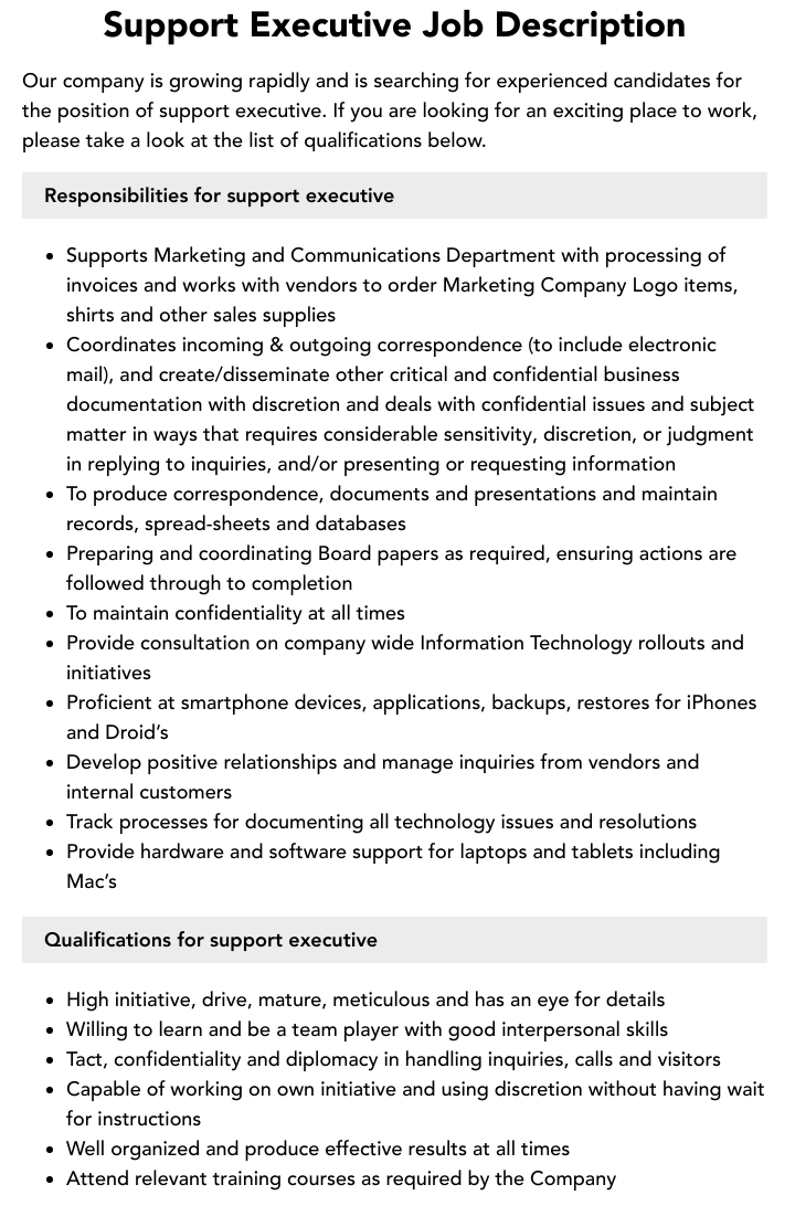 Support Executive Job Description Velvet Jobs