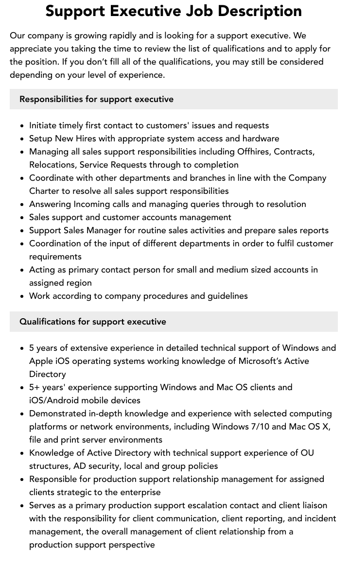 Support Executive Job Description Velvet Jobs