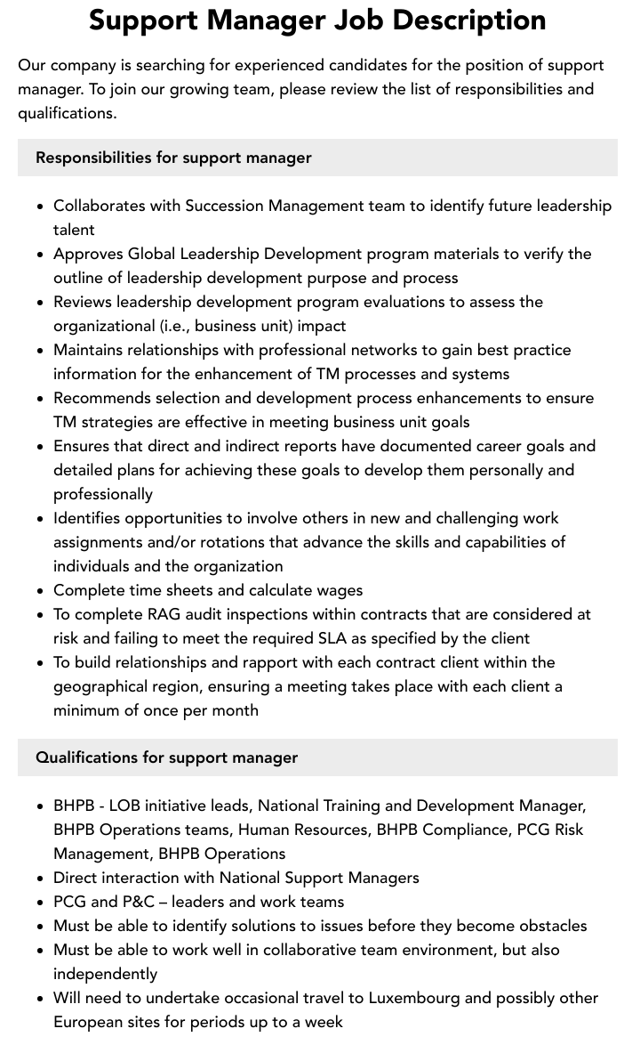 Support Manager Job Description Velvet Jobs