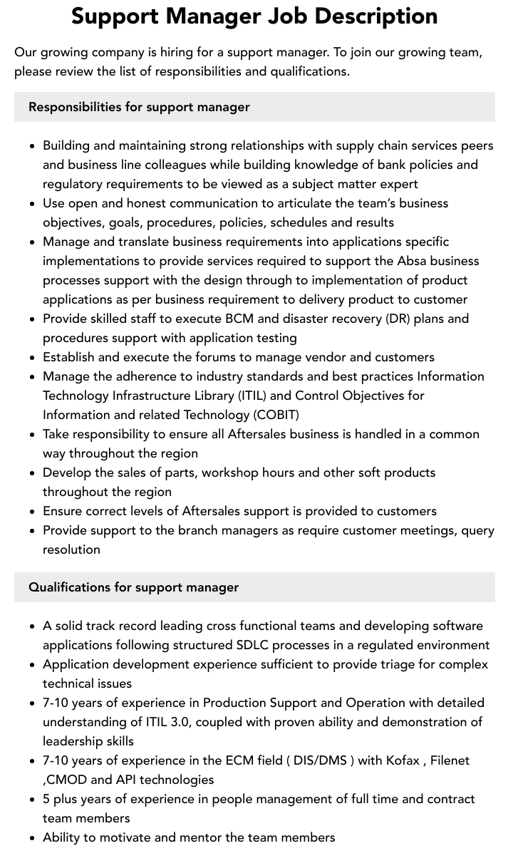 Support Manager Job Description Velvet Jobs