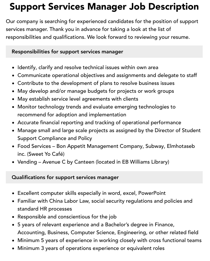Support Services Manager Job Description Velvet Jobs