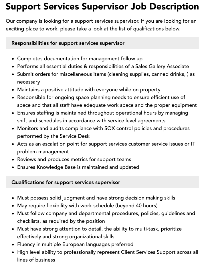 Support Services Supervisor Job Description Velvet Jobs