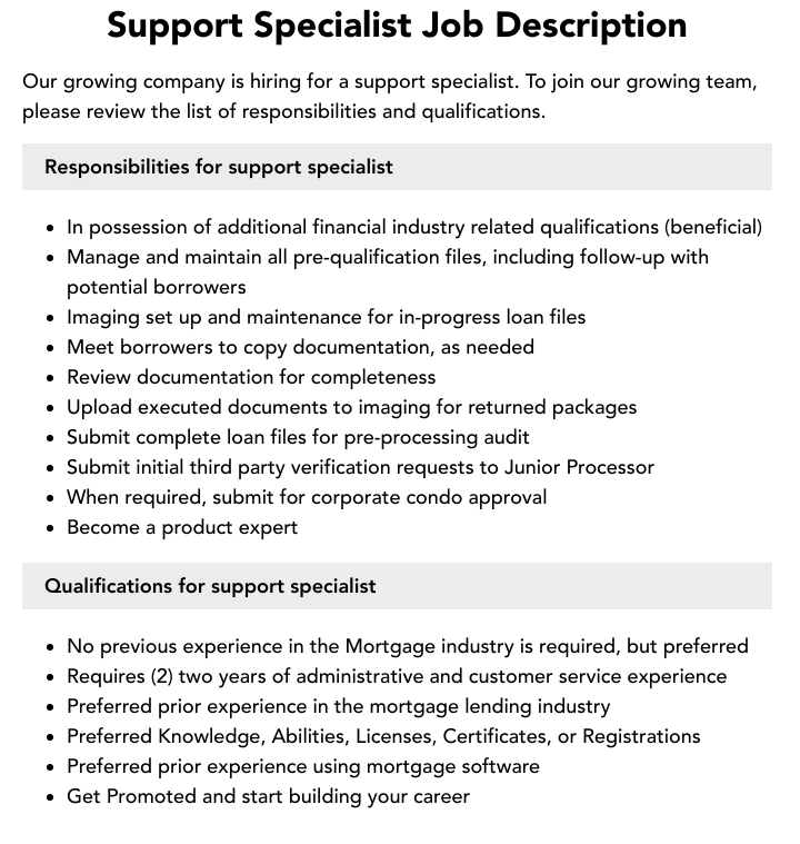 Support Specialist Job Description Velvet Jobs