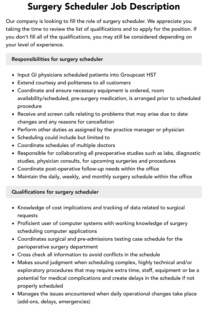Surgery Scheduler Job Description Velvet Jobs