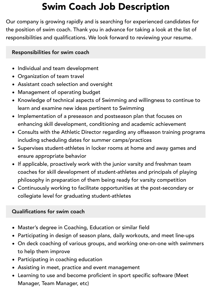 Swim Coach Job Description Velvet Jobs