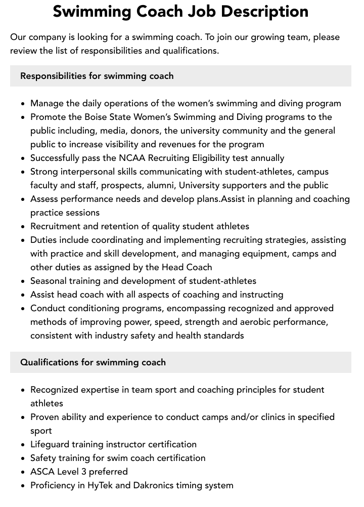 Swimming Coach Job Description Velvet Jobs