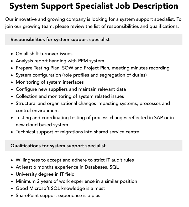 System Support Specialist Job Description Velvet Jobs