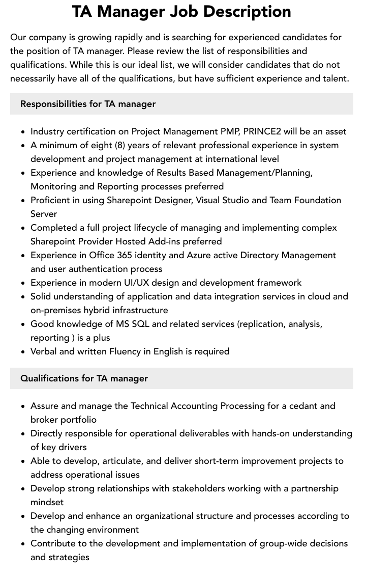 TA Manager Job Description Velvet Jobs