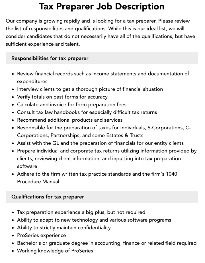 Tax Preparer Job Description Velvet Jobs