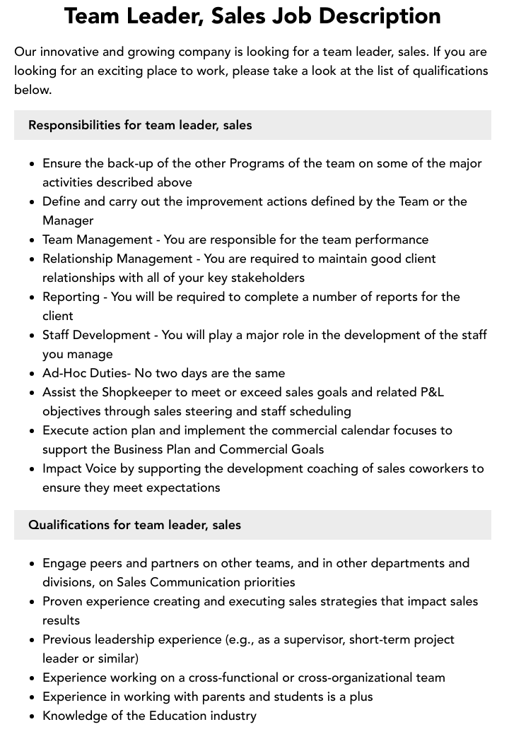 Team Leader Sales Job Description Velvet Jobs