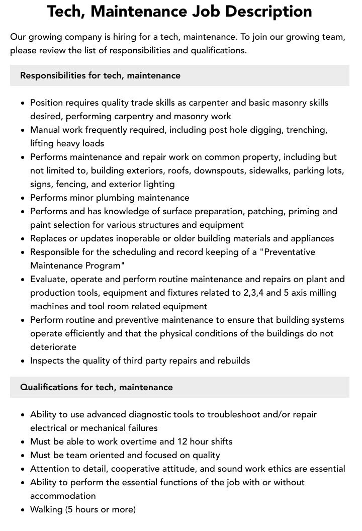 Tech Maintenance Job Description Velvet Jobs