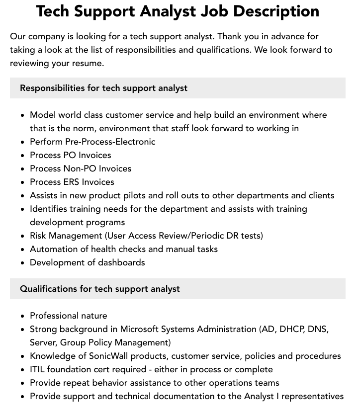 Tech Support Analyst Job Description Velvet Jobs
