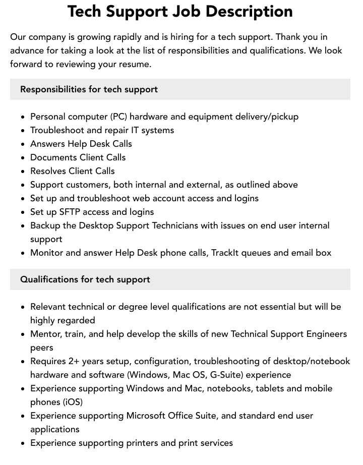 Tech Support Job Description Velvet Jobs