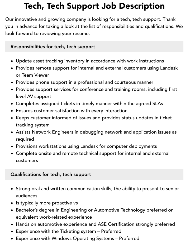 Tech Tech Support Job Description Velvet Jobs