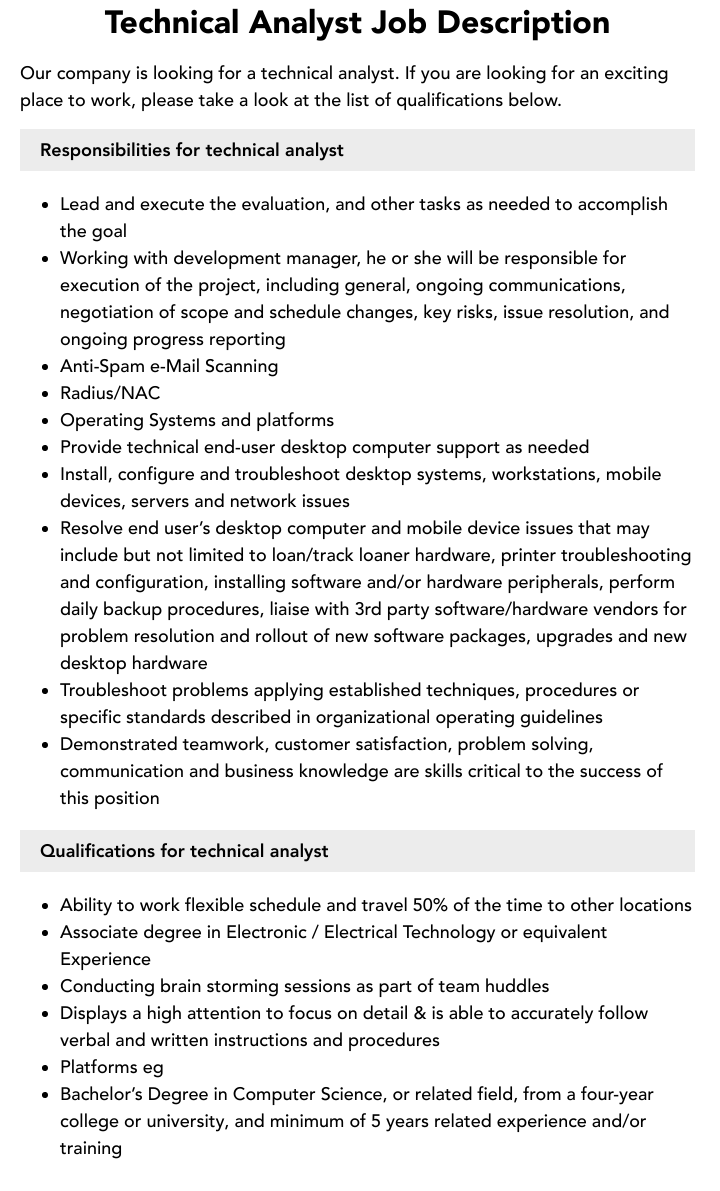 Technical Analyst Job Description Velvet Jobs Technical Analyst Job Description Velvet Jobs