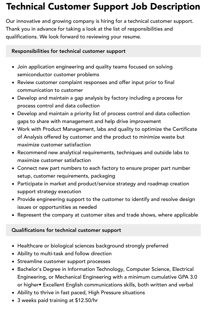 Technical Customer Support Job Description Velvet Jobs