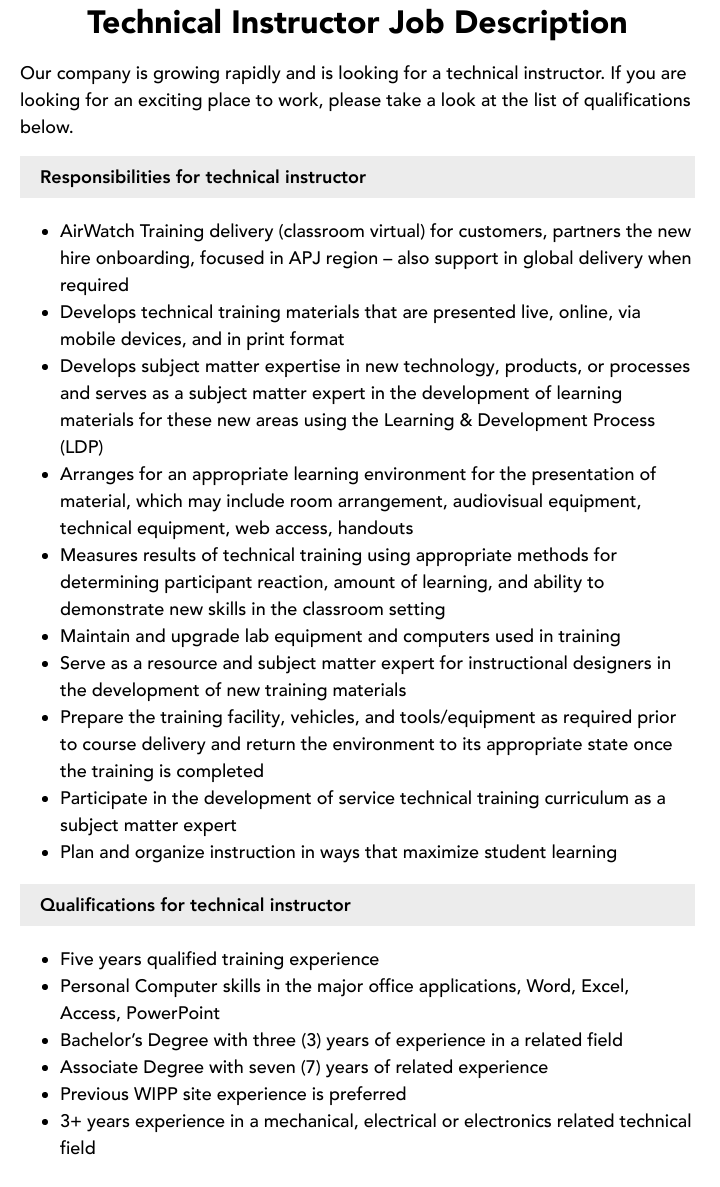 Technical Instructor Job Description Velvet Jobs