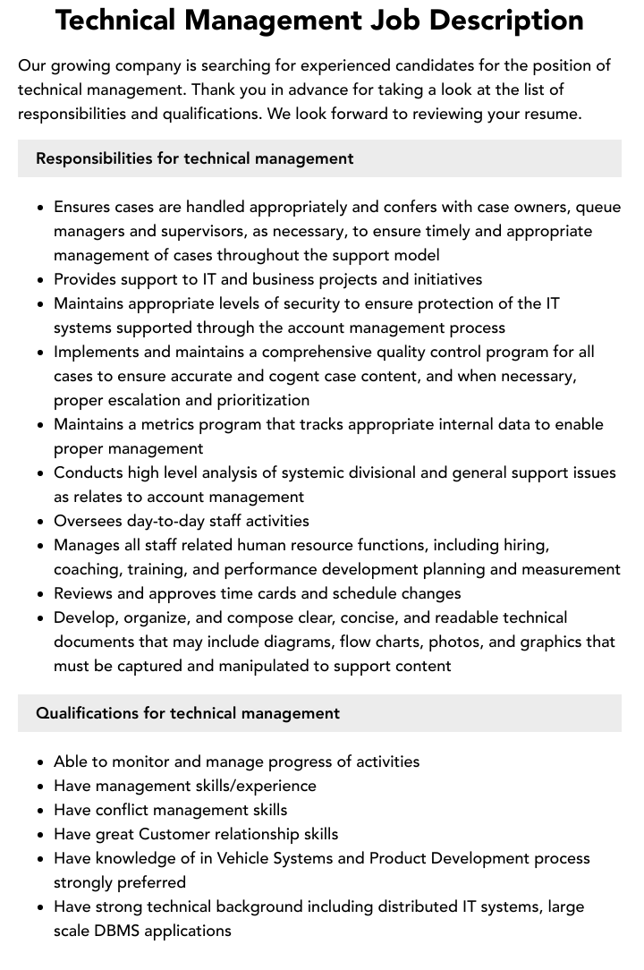 Technical Management Job Description Velvet Jobs