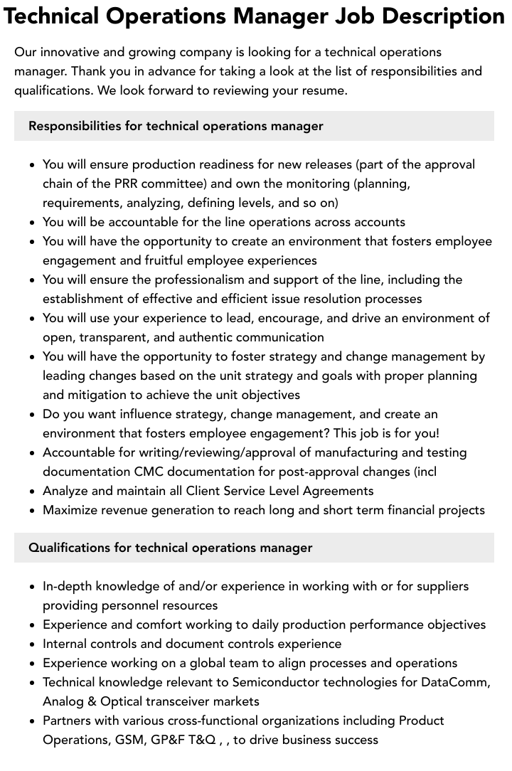 Technical Operations Manager Job Description Velvet Jobs