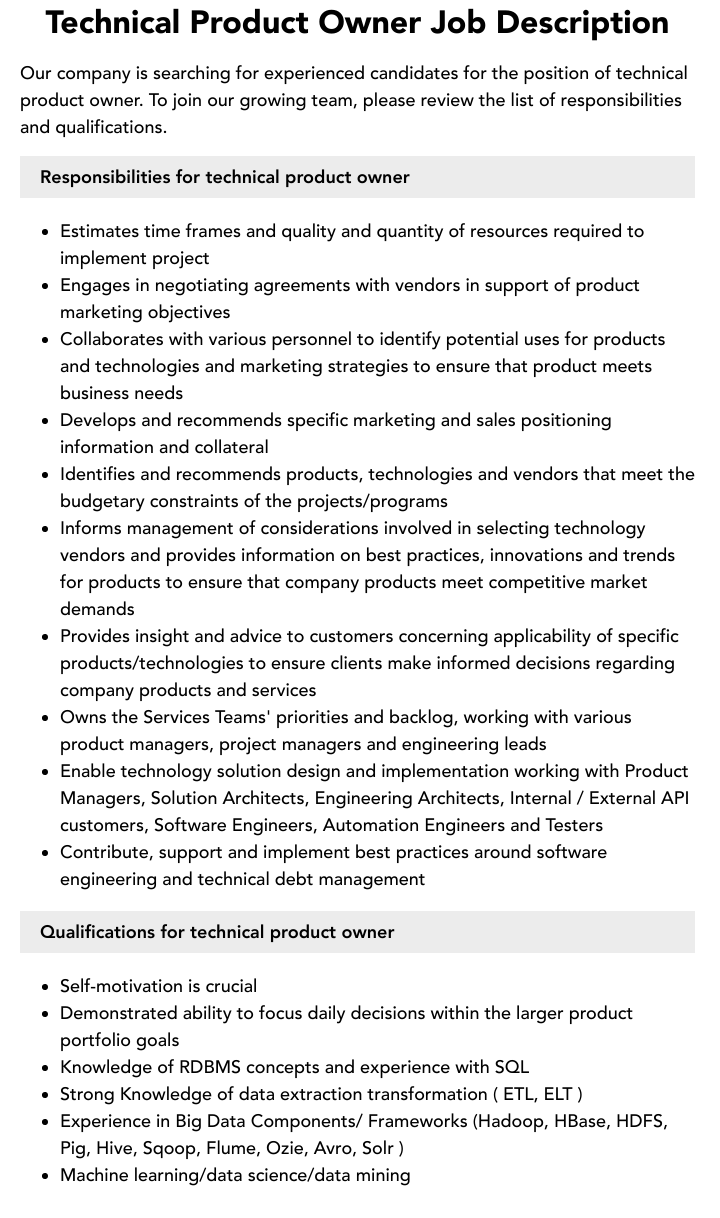 Technical Product Owner Job Description Velvet Jobs