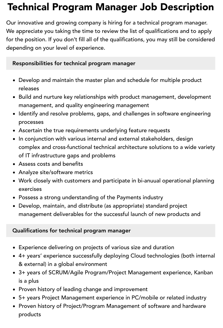 Technical Program Manager Job Description Velvet Jobs