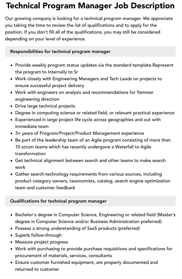 Technical Program Manager Job Description Velvet Jobs