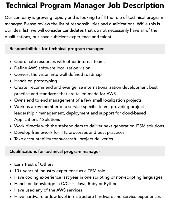 Technical Program Manager Job Description Velvet Jobs