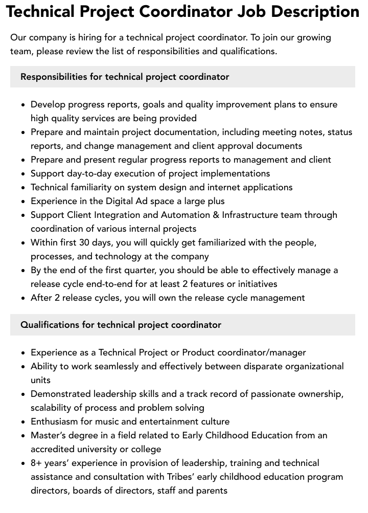 Technical Project Coordinator Job Description Velvet Jobs